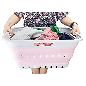SAMMART 42L (11 gallon) Collapsible Plastic Laundry Basket - Foldable Pop Up Storage Container/Organizer - Portable Washing Tub - Space Saving Hamper/Basket (Grey/Pale Pink)