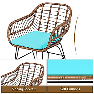 HAPPYGRILL 3 PCS Patio Bistro Set PE Rattan Wicker Armchairs and Coffee Table Set with Cushions for Garden Backyard Balcony Poolside