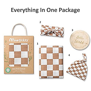 Miaoberry 100% Organic Muslin Swaddle Set| Checkered in Coffee Latte with Matching Hat/Headband