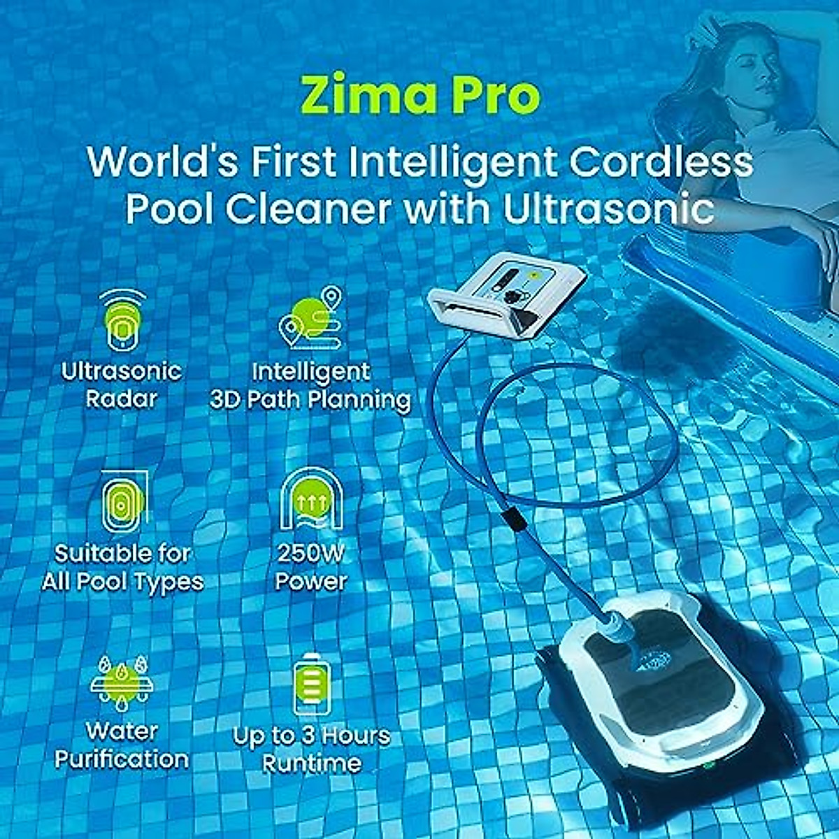 degrii Zima Pro Cordless Robotic Pool Cleaner - Wall & Waterline Cleaning, Smart Mapping Pool Cleaner with 180 µm Filter, Intelligent APP Control - All Pool Types