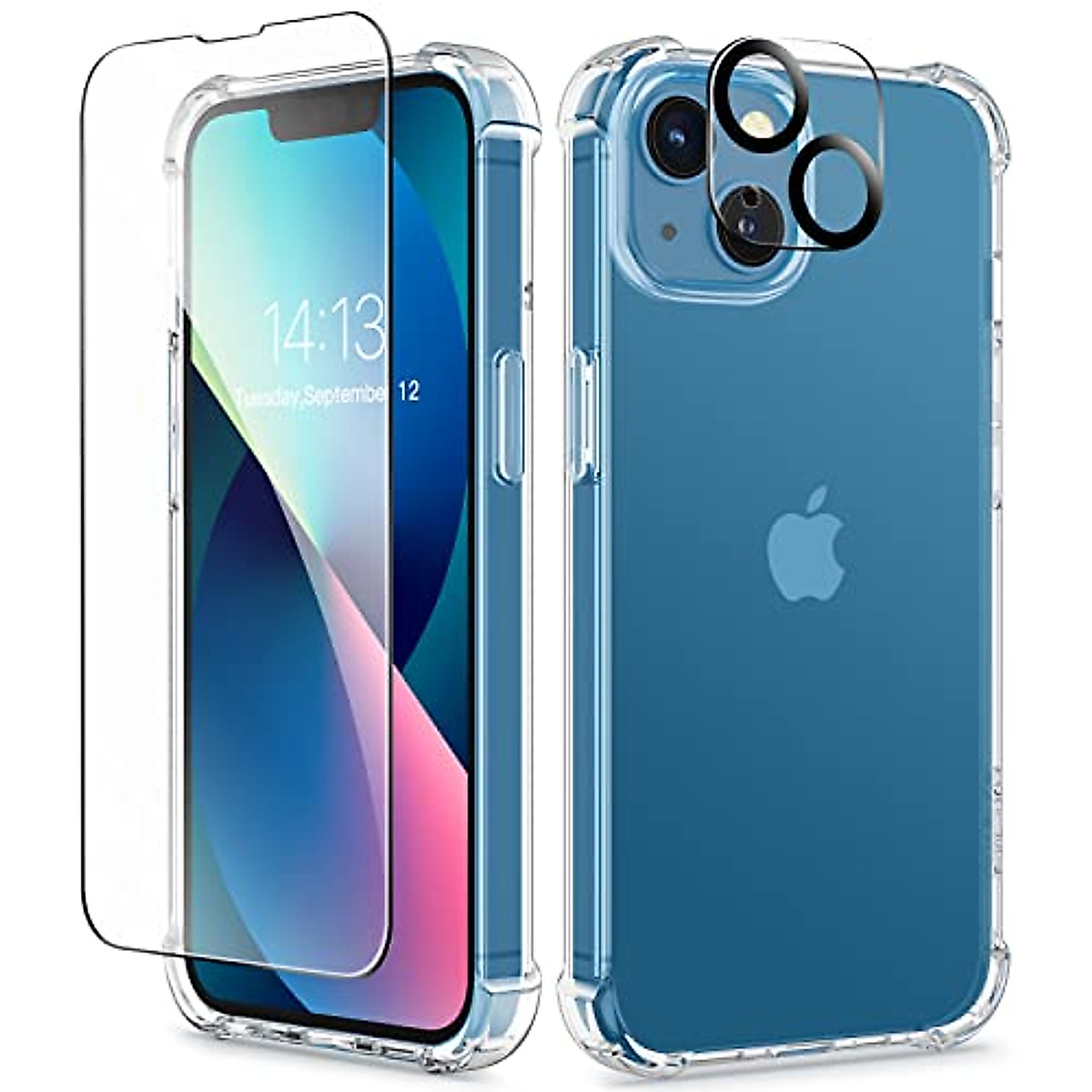 GVIEWIN Designed for iPhone 13 Case 6.1 Inch, with Tempered Glass Screen Protector + Camera Lens Protector Clear Soft & Flexible Shockproof Transparent Protective Bumpers Phone Cover（Clear）