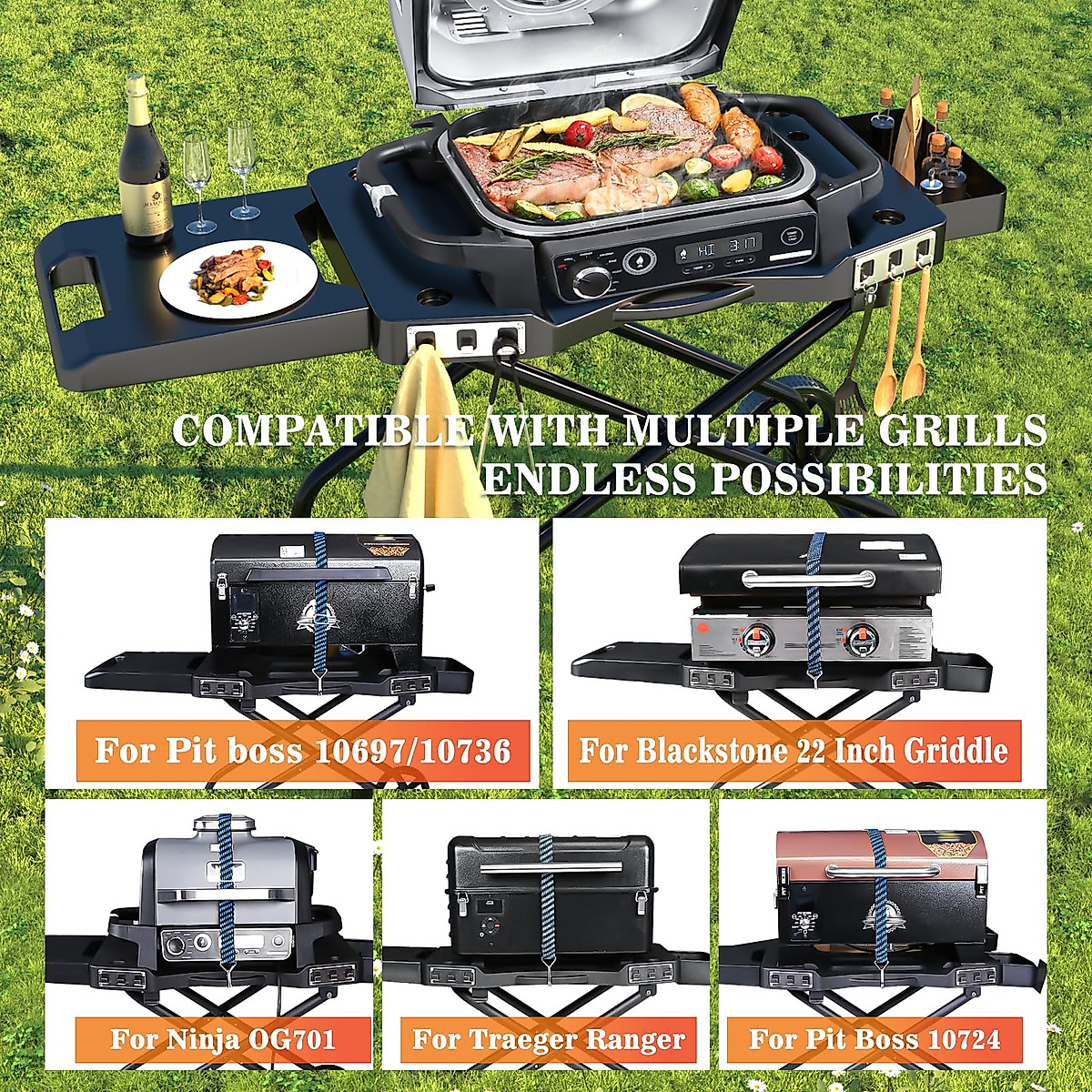 GRISUN Portable Grill Cart for Ninja Woodfire Grill OG700 Series, Folding Outdoor Grill Stand for Ninja OG701, Pit Boss 10697/10724, 22" Blackstone,Traeger Ranger Griddle with Table Shelf and Basket