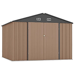 Zstar 10x8 FT Metal Outdoor Storage Shed, Steel Utility Tool Shed Storage House with Lockable Door Design, Metal Sheds Outdoor Storage for Garden, Patio, Backyard, Outside Use, Brown