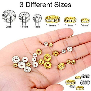 800 Pieces Round Rondelle Spacer Beads Crystal Rhinestone Loose Bead Rondelle Charm Beads 6 mm 8 mm 10 mm for Necklaces Bracelets Jewelry Making (Gold, Silver)