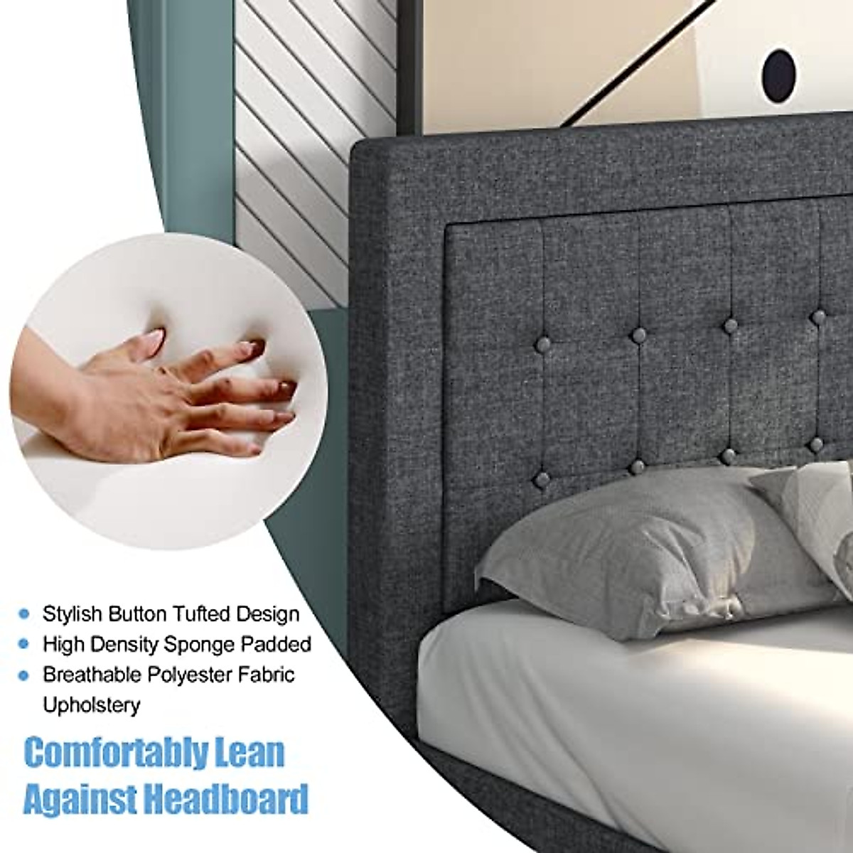 Giantex Upholstered Bed Frame, Modern Platform Bed w/Button Tufted Headboard, Solid Slats Support Mattress Foundation, No Box Spring Needed, Easy Assembly, Noise-Free Design, Twin, Grey