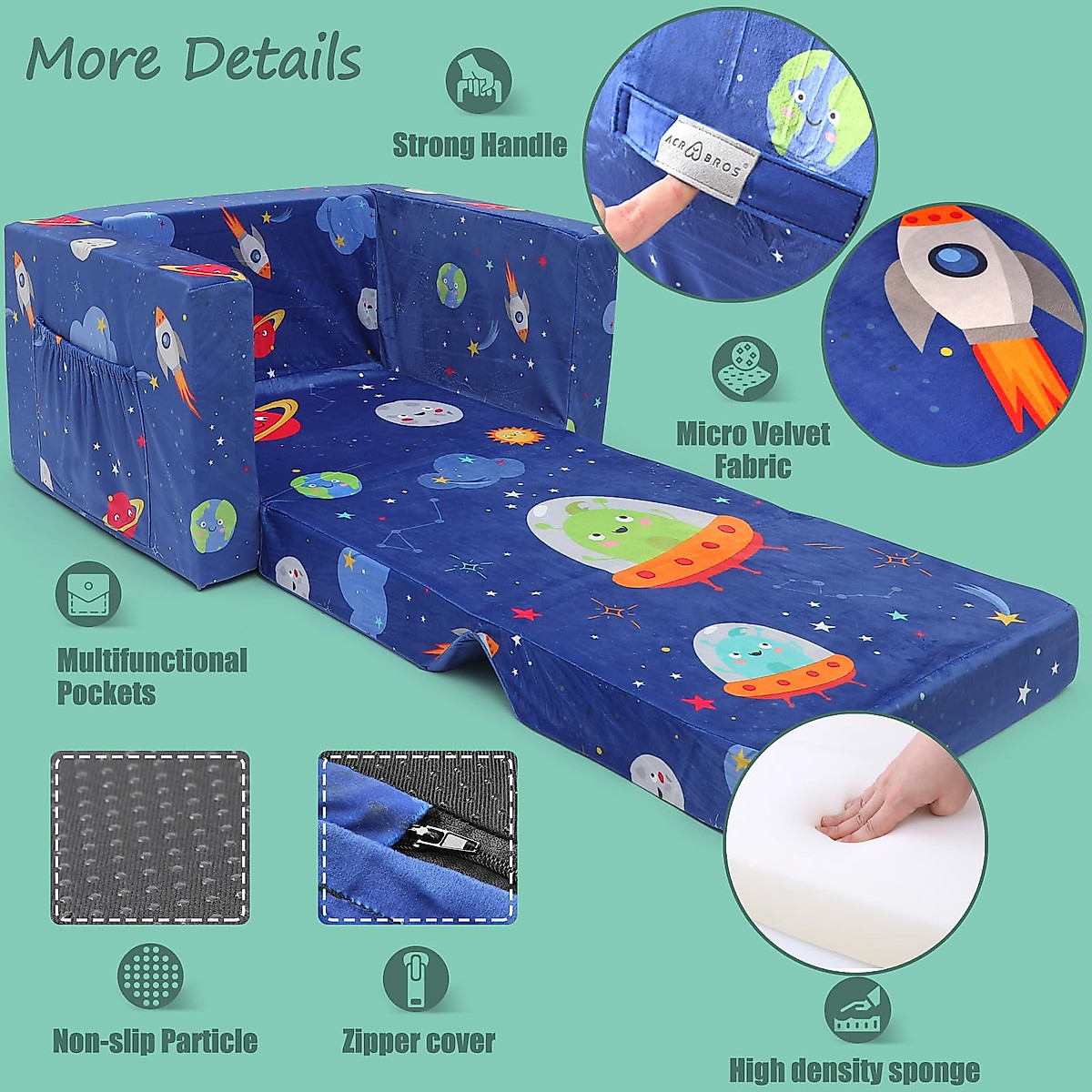 ACRABROS Kids Couch: Toddler Sofa Bed Fold Out for Gilrs Boys Baby Flip Out Convertible Lounge Chair Space