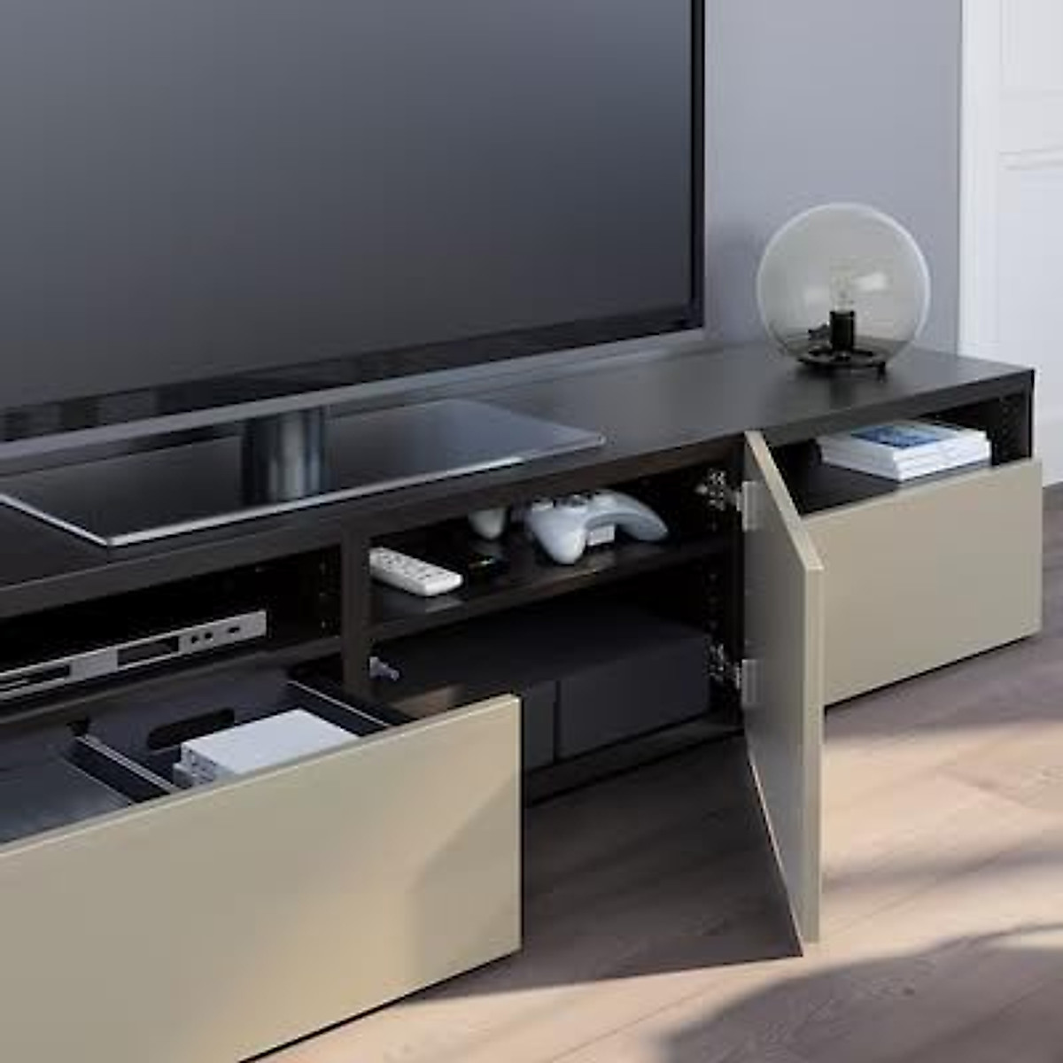 TV Unit with Drawers and Door,Black-Brown/Selsviken high-Gloss/Beige, 70 7/8x16 1/2x15 3/8 "
