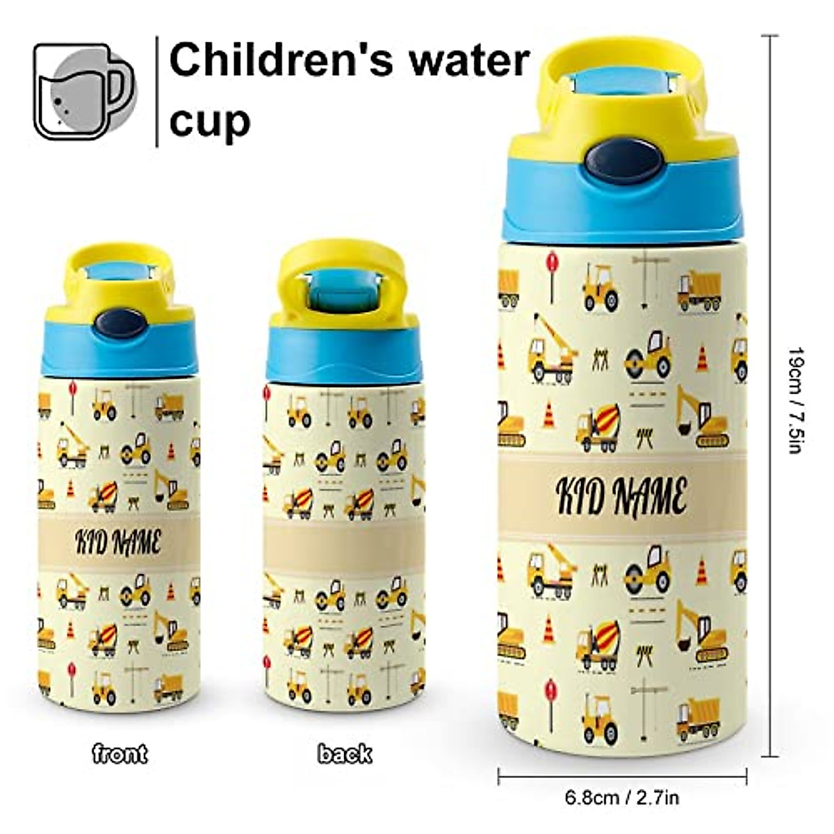 Mrokouay Custom Cartoon Excavator Car Kids Water Bottle with Straw Lid Personalized Add Your Text Stainless Steel Sports Water Bottles Customized Reusable Leak-Proof Toddlers Cup for School, Travel