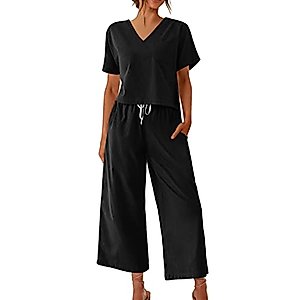 Ekouaer Womens Short Sleeve Top Wide Leg Pants Sleepwear Cotton Linen Loungewear Pajama Set, Black, Medium