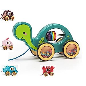 Pull Along Rolling Animal Toy [Updated Design-Without Beads in Wheels]- 18 Months and Up Pull & Pull Toys for Toddlers-Boys & Girls (Turtle)