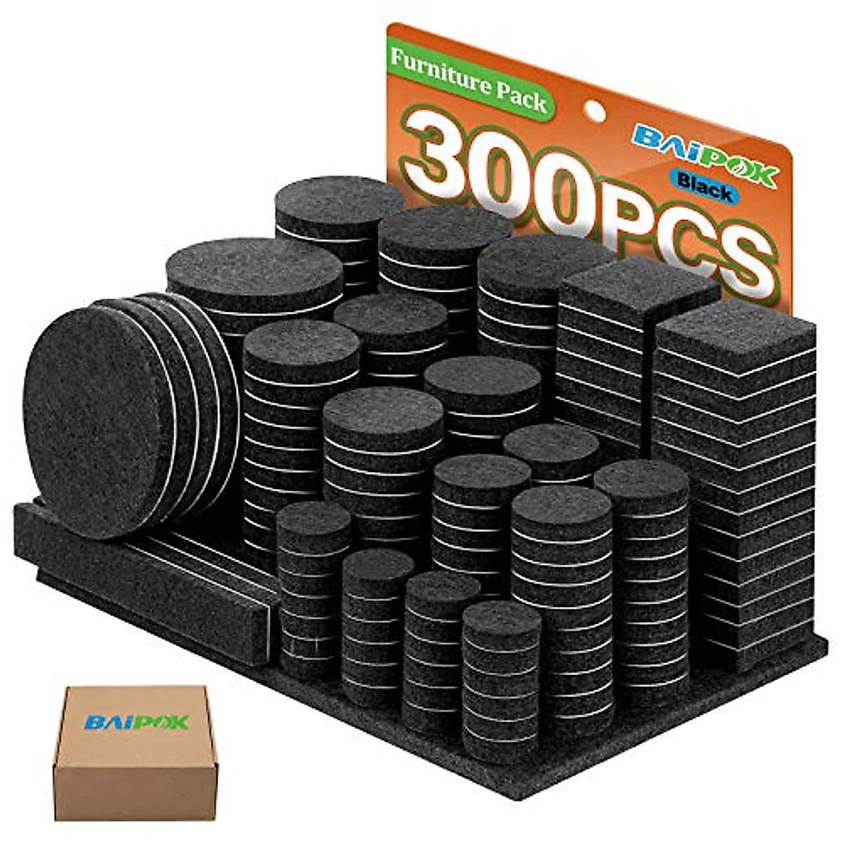 Furniture Pads 300 Pieces Felt Furniture Pads Premium Huge Pack, BAIPOK 5mm Thick Self Adhesive Anti Scratch Floor Protectors for Desk Chair Legs and 60 Rubber Bumpers for Hardwood Tile Floor