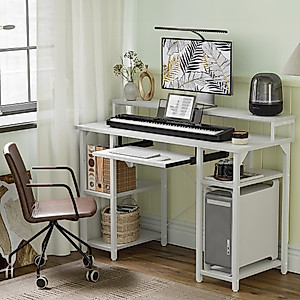 CubiCubi Computer Desk with Keyboard Tray, 47 Inch Office Desk with Monitor Stand and Storage Shelves, Music Studio Desk, Work Table Gaming Desk, White