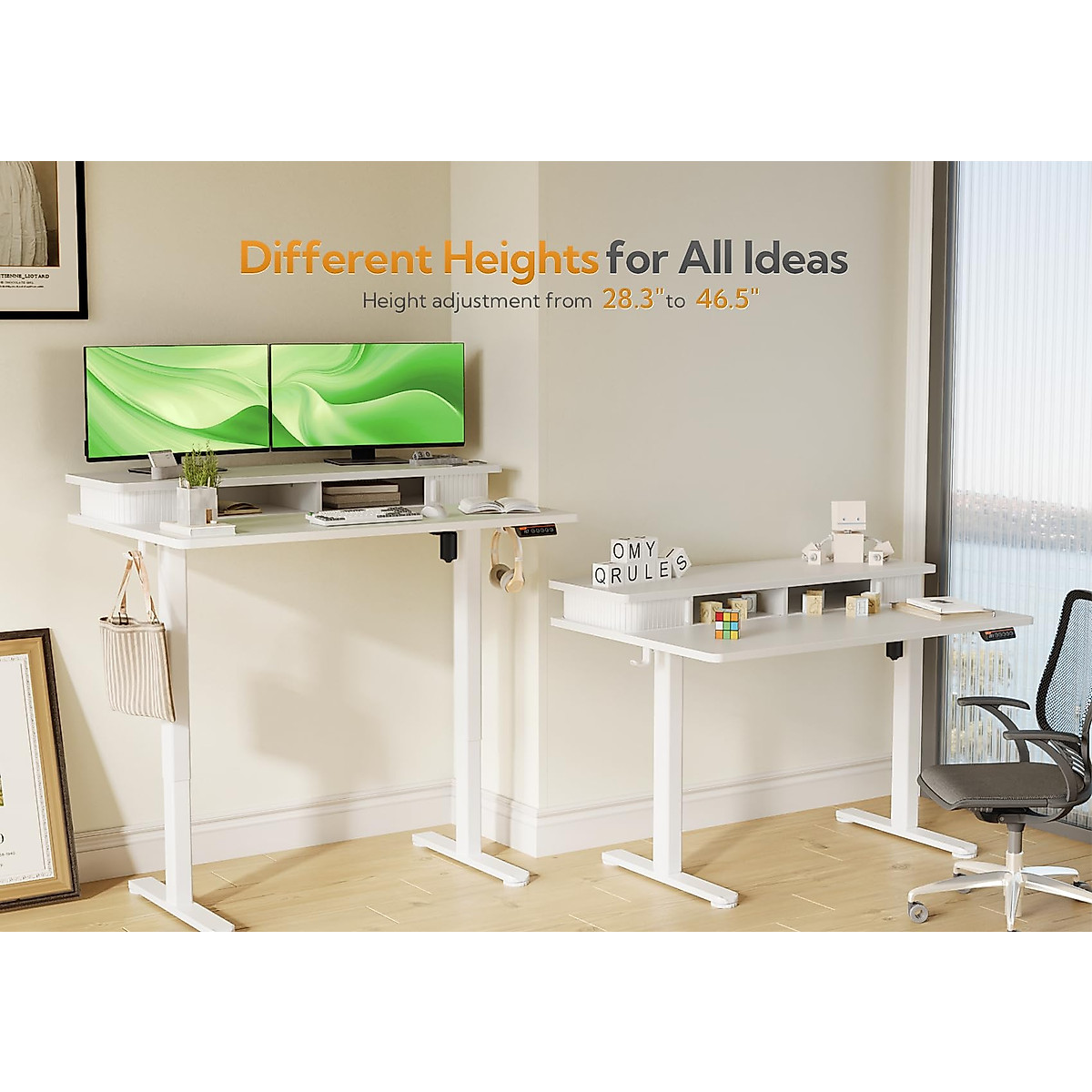 Claiks Standing Desk with Roller Shutter Door, Electric Standing Desk Adjustable Height, Adjustable Standing Desk with Storage Shelves, 48 Inch White