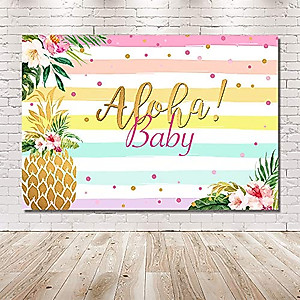 MEHOFOND Aloha Girl Baby Shower Backdrop Confetti Colorful Stripes Summer Tropical Hawaiian Luau Party Beach Seaside Pineapple Floral Background for Photography Photo Booth Banner 7x5ft