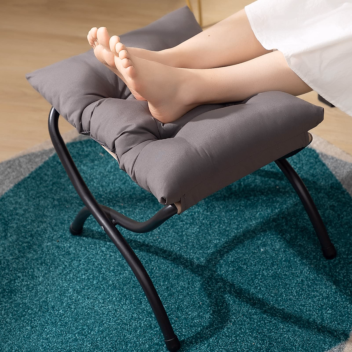 AbocoFur 15"(H) Folding Footrest Stool, Accent Padded Sofa Foot Stool for Lazy Chair, Upholstered Small Foldable Ottoman, Metal Frame Portable Foot Rest Ottoman for Living Room, Bedroom, Dark Grey