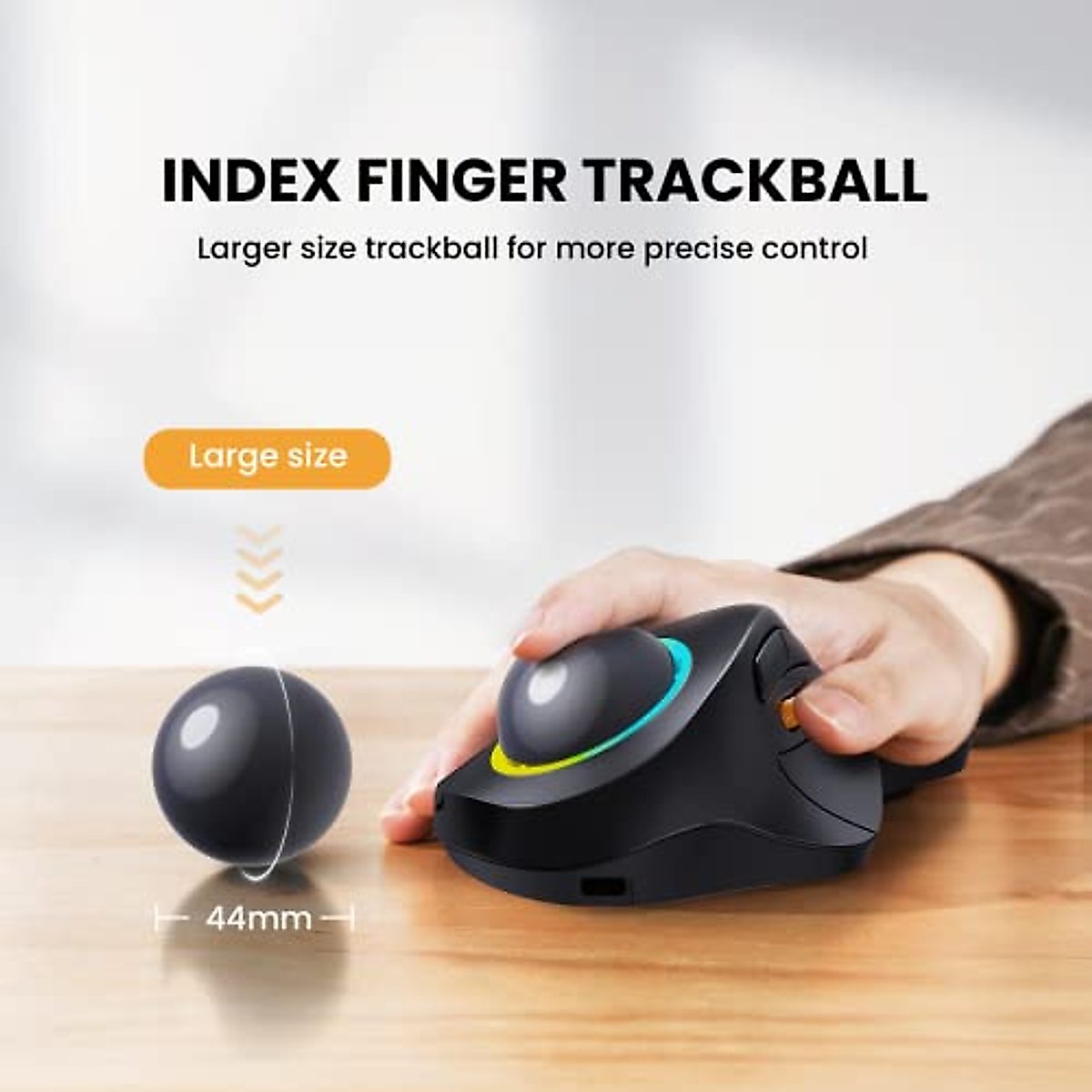 ProtoArc Wireless Bluetooth Trackball Mouse, EM03 Ergonomic RGB Rollerball Mouse Rechargeable Computer Laptop Mouse, 3 Device Connection&Index Finger Control for iPad, Mac, Windows-Black