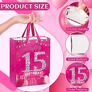 15th Birthday Gift Bag for 15 Year Old Teen Girls Sweet 15 Gift Bag with Card and Tissue Paper Pink 15th Birthday Wrapping Paper Bag 15th Birthday Decorations for Girls 15 Years Old Girl Gift Ideas