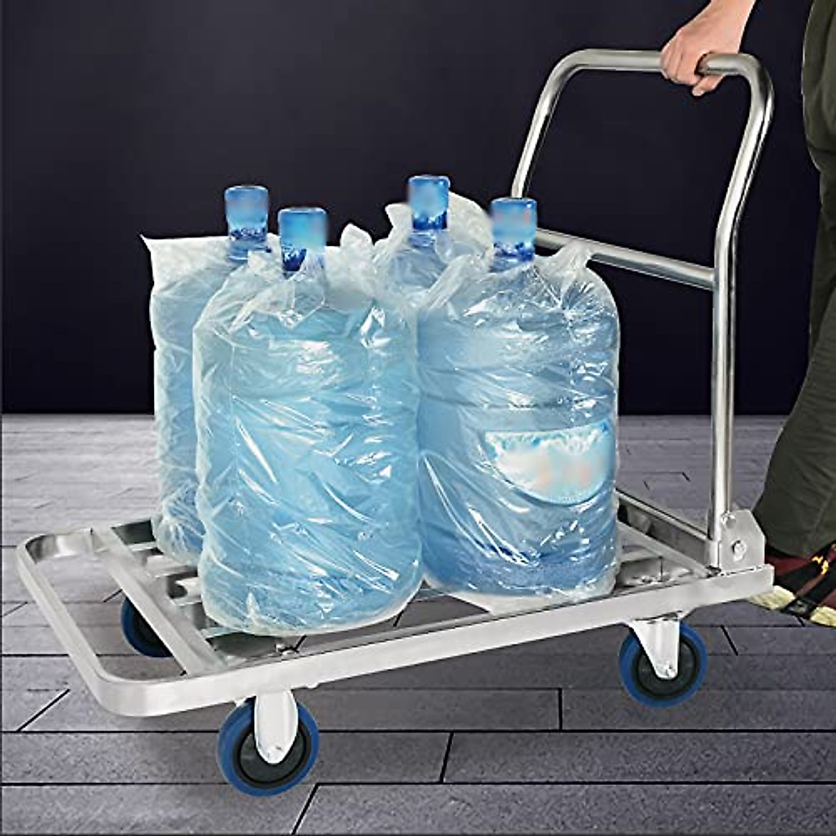 Generic Push Cart Dolly Foldable Hand Truck Heavy Duty Stainless Push Cart Flatbed Trolley with Hollow Out Platform for Lage Baggage Moving Transport Platform, 60*100