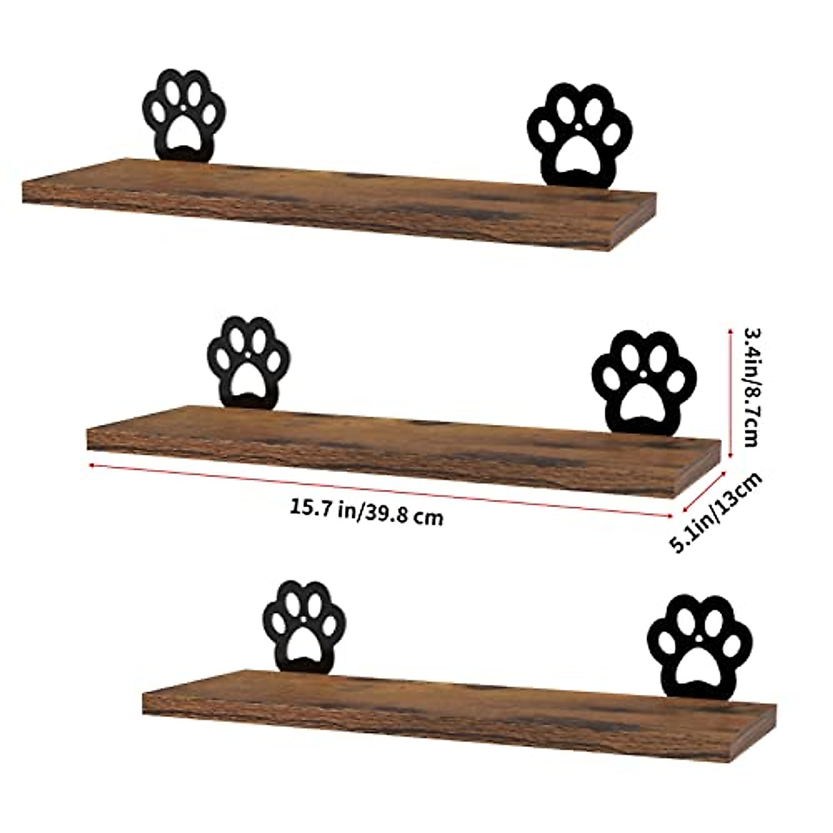 Lavezee Paw Prints Wall Decor Floating Shelves Set of 3, Cute Rustic Wooden Shelf Decorative Living Room, Bedroom, Bathroom, Log Cabin Shelving Wall Mounted