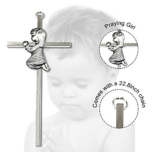 Wall Cross Baptism Gifts Baptism 1st Holy Communion Christening Decoration Silver Baby Wall Cross Baptism Gifts for Girl Baptism, Baby Shower, Birthday, Silver Cross with Praying Girl