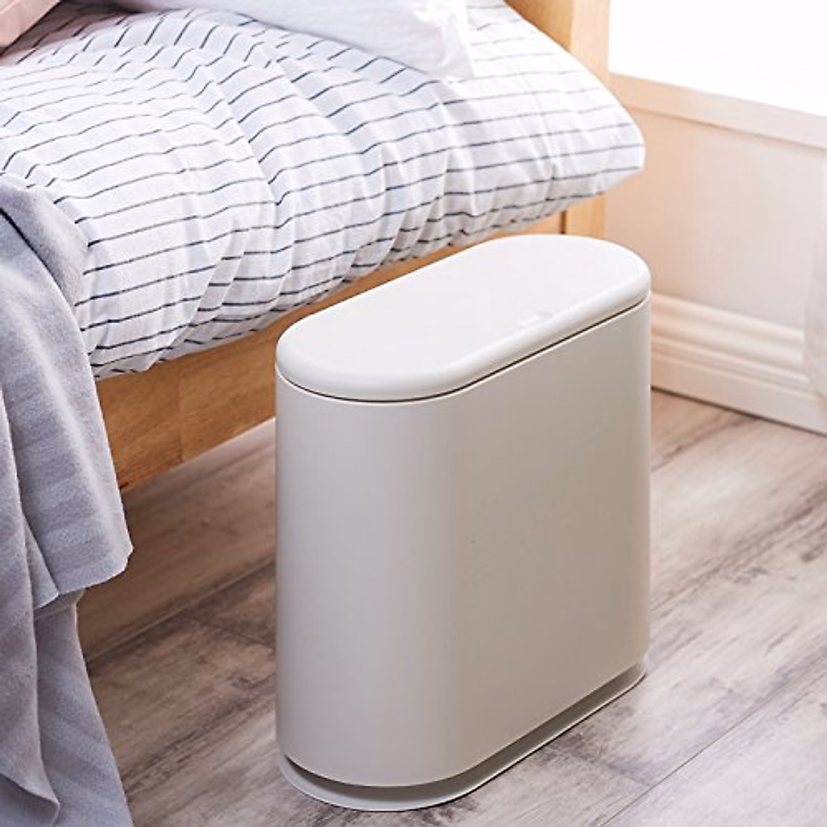 HANAMYA 8 Liter Slim Trash Can with Press Top Lid, Garbage Bin, for Home, Office, Bathroom, White