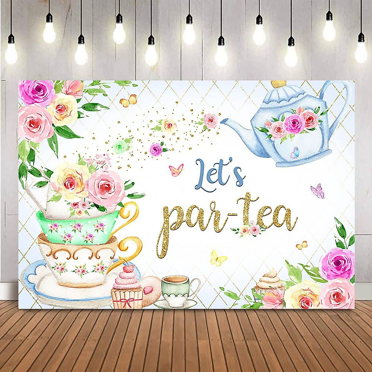 Tea Birthday Party Backdrop Let's Partea Pink Flowers Photo Background Newborn Kids Princess Birthday Party Decoration Cake Table Banner (7x5ft)