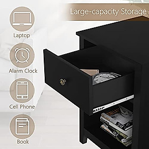 Vikiullf Black Nightstands with Drawer - Set of 2 Modern Bedroom Night Stands, Wood Bedside Tables with 1 Storage Drawer and Open Shelf, 23.8”H