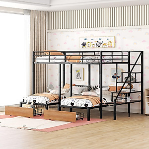 Bellemave Triple Bunk Bed with Storage Stairs, Metal Full Over Twin & Twin Bunk Beds, Detachable Bunk Bed for 3 Kids with Storage Shelf for Three Boys Girls Teens, Black