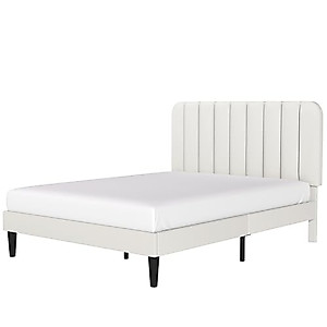 VECELO Queen Size Upholstered Bed Frame with Adjustable Headboard, Velvet Platform Bedframe Mattress Foundation, Strong Wood Slat Support, No Box Spring Needed, White