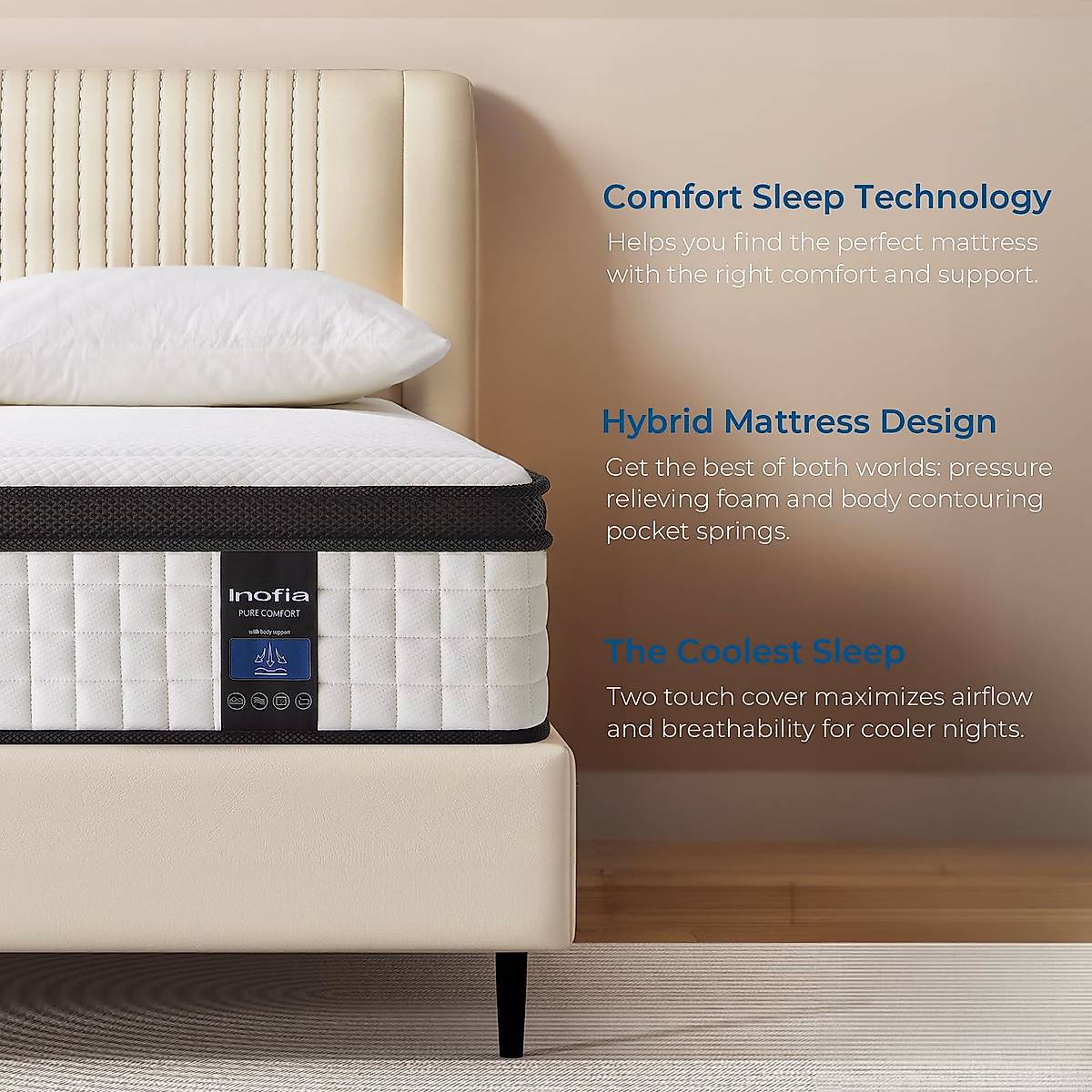 Inofia Twin XL Mattress, 10 Inch XLong Twin Hybrid Mattress, Breathable Comfortable Cool Single Mattress, Supportive & Pressure Relief, Motion Isolating Individually Wrapped Coils