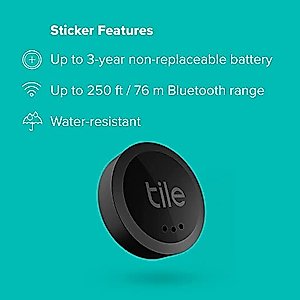 Tile Sticker 1-Pack. Small Bluetooth Tracker, Remote Finder and Item Locator, Pets and More; Up to 250 ft. Range. Water-Resistant. Phone Finder. iOS and Android Compatible, Black