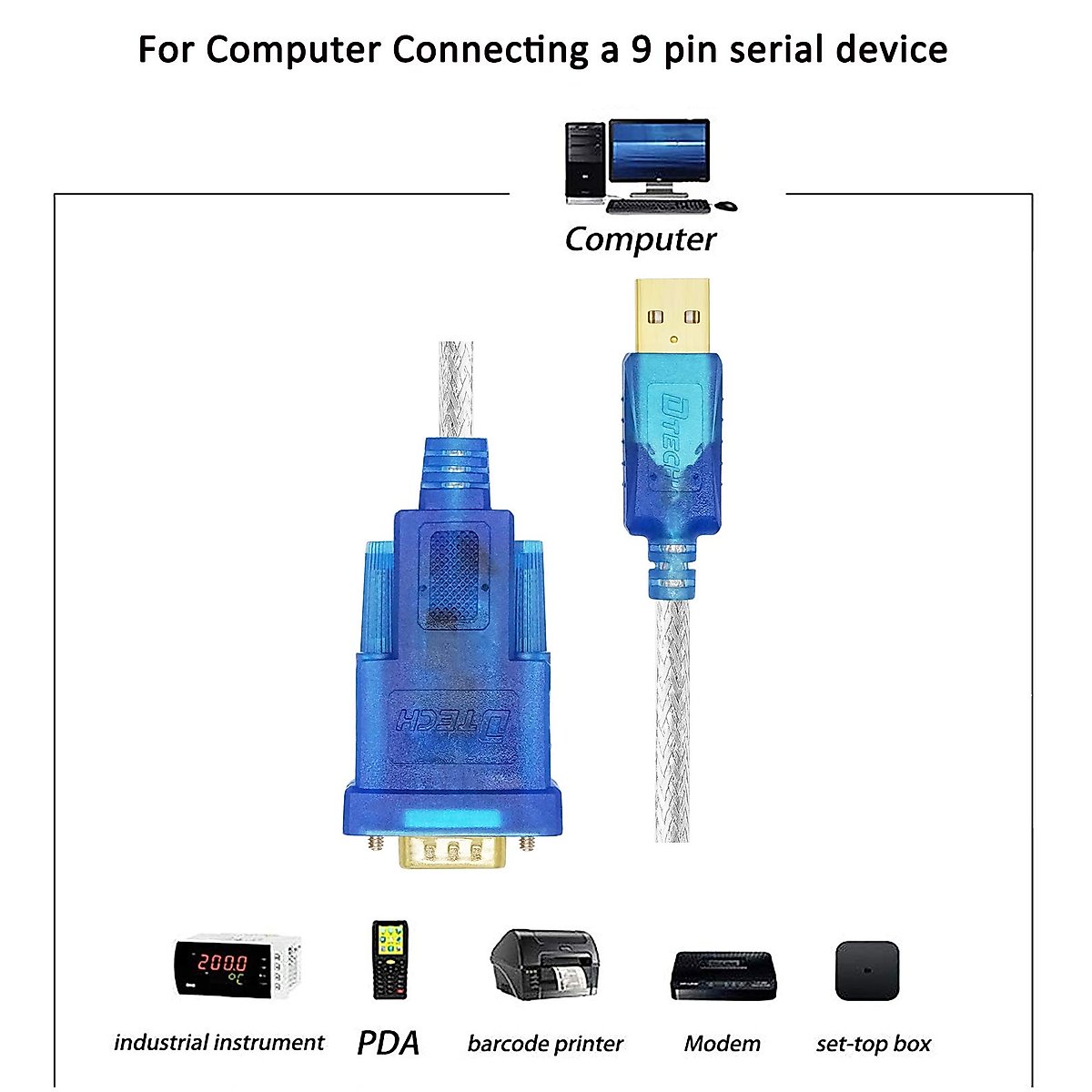 DTech USB to Serial Adapter Cable RS232 DB9 Male Port with FTDI FT232RL Chipset Supports Windows 11 10 8 7 and Mac Linux (1.5 Feet)
