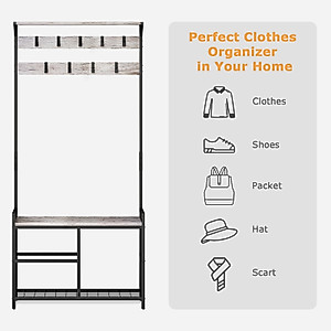 HOMEKOKO Coat Rack Shoe Bench, Hall Tree Entryway Storage Bench, Wood Look Accent Furniture with Metal Frame, 3-in-1 Design (Black & Greige)