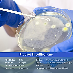 Locofiltr MCE Membrane Filter, Sterile, 47mm, 0.45µm, Hydrophilic, Individually Wrapped, Black Grid, Pack of 100, Mixed Cellulose Esters Membrane Filters Paper Disc Filters
