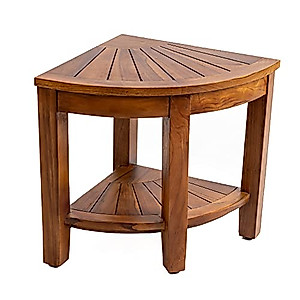The Teaky Hut Teak Wood Water-Resistant Corner Bench - with Shelf, 17 Inch, Wooden Seat Stool for Bathroom, Spa, Patio, Fully Assembled