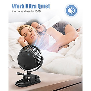 LEMOISTAR AA Battery Operated Clip on Fan, Stroller Fans, USB Powered Portable Desk Fan 4 Speeds Personal Golf Cart, Small Table Fan, Wireless, for Camping Hurricane Office Bed-Black