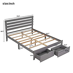 Queen Size Wood Platform Bed Frame with 2 Storage Drawers, Modern Classic Platform Bed with Headboard, Wood Slats Support, No Box Springs Needed for Bedroom Girls Boys (Grey)