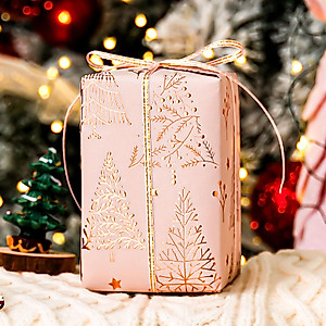 Homeral Christmas Wrapping Paper Roll - 46.8 sq.ft. 3D Embossed Foil Christmas Tree, Star on Rose Gold Pink for Christmas, New Year Celebration, Holiday - 17in x 33ft