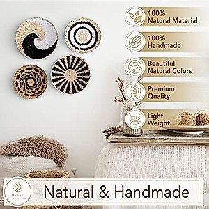 Wicker Wall Basket Decor Set of 4 - Black, Brown & White - Woven Boho Macrame Wall Hanging - Hook Attached for EASY Hanging - Wall Hanging Decor for Farmhouse Style