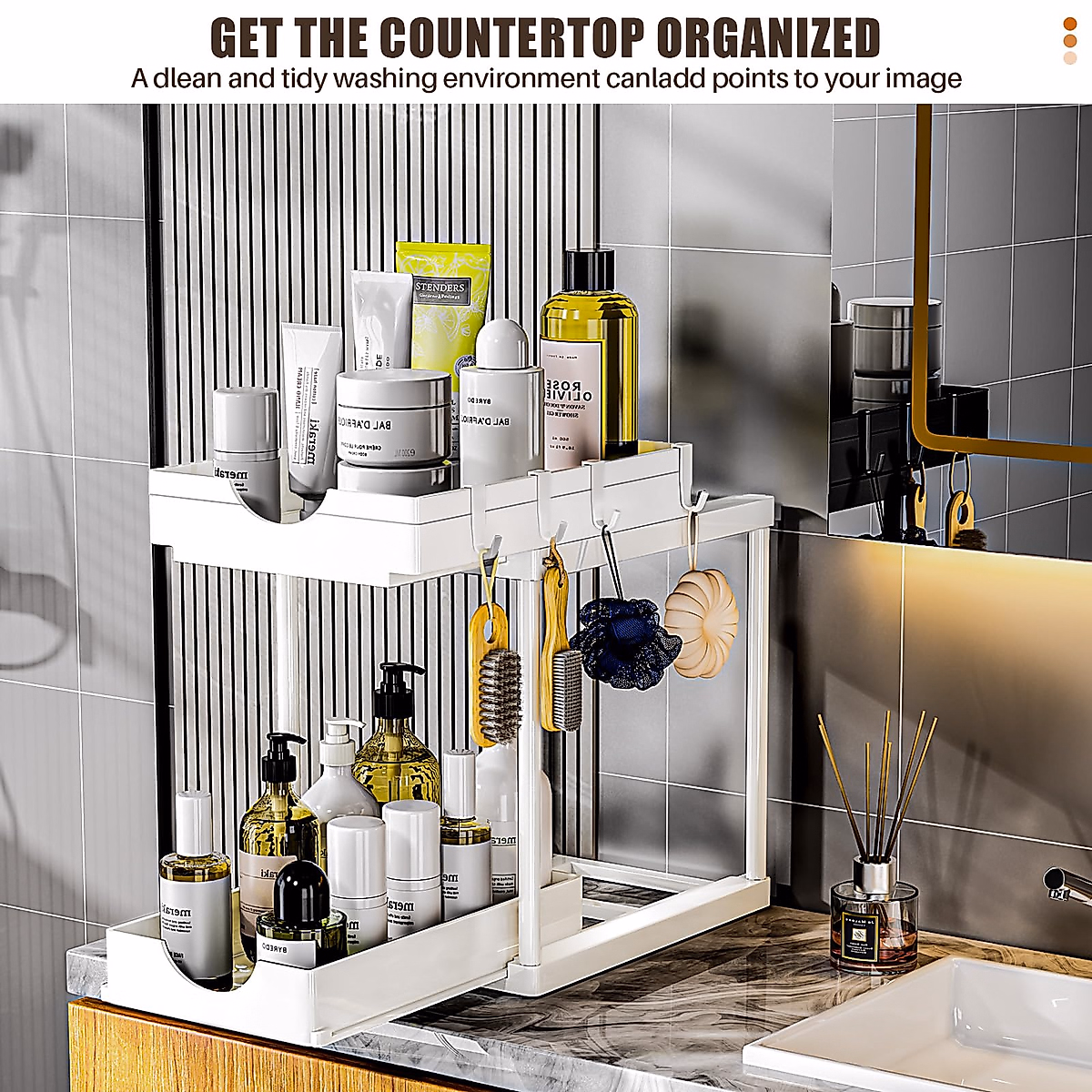 ARSTPEOE 2 Pack Double Sliding Under Sink Organizers and Storage,Two Tier Bathroom Storage and Organization,Under Cabinet Organizer with Hooks,Home Organization,White