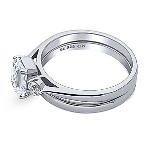 BERRICLE Sterling Silver 3-Stone Wedding Engagement Rings Emerald Cut Cubic Zirconia CZ Ring Set for Women, Rhodium Plated Size 9.5