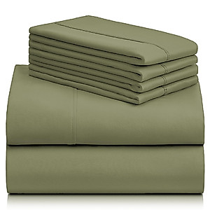 LuxClub 6 PC Queen Sheet Set, Breathable Luxury Bed Sheets, Deep Pockets 18" Eco Friendly Wrinkle Free Cooling Sheets Machine Washable Hotel Bedding Silky Soft - Olive Queen