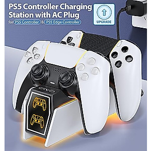 PS5 Controller Charger Compatible with DualSense & Edge Controller, 2.0 H Fast PS5 Charger with 5V/3A Adapter and USB-C Cable, PS5 Charging Station with 2 Charging Options & Indicator