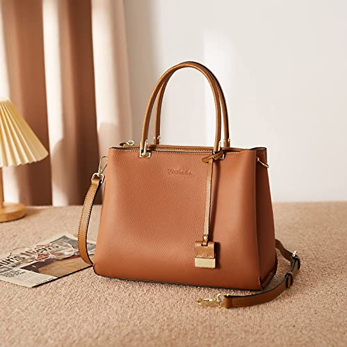 BOSTANTEN Leather Handbags for Women Designer Satchel Purses Top Handle Crossbody Shoulder Bag with Triple Compartment