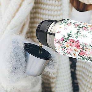 Stainless Steel Leather Vacuum Insulated Mug Flowers Thermos Water Bottle for Hot and Cold Drinks Kids Adults 16 Oz