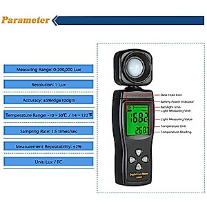 Digital Lux Meter, Illuminometer, Photometer, 0～200,000 Lux Measure Range, Lux/FC Unit Selection for Homes, Agriculture, Warehouses, Farms, Stage, Stadiums(Battery NOT Included)