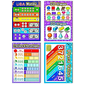 12 Pieces Educational Math Posters for Kids with 120 Glue Point Dot for Elementary and Middle School Classroom Teach Multiplication Division Addition Subtraction Fractions Numbers, 16 x 11 Inch