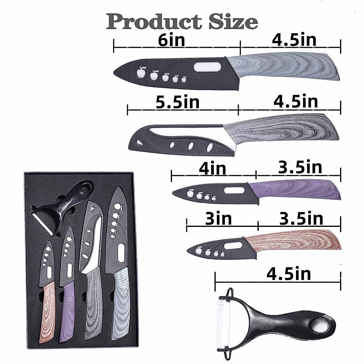 Ceramic Knife Sets for Kitchen，4 Piece Ceramic knives set with Steath，6" Chef knife 5.5" Fruit Utility Knife 4" Vegetable Knife 3" Paring Knife, One Peeler (box set)