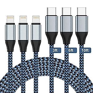Sundix USB C Lightning Cable, 3Pack(3/6/10FT) iPhone Cord [MFi Certified], Fast USB C Charging Braided Cord Compatible with iPhone 14/13/13ProMax/12/11XS and More (Use with USB C Wall Charger)