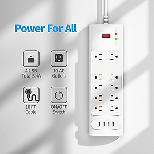 Power Strip, Bototek Surge Protector with 10 AC Outlets and 4 USB Ports,1875W/15A, 2100 Joules, 10 Feet Long Extension Cord for Home, Office, Dorm Essentials, 2100 Joules, ETL Listed- White